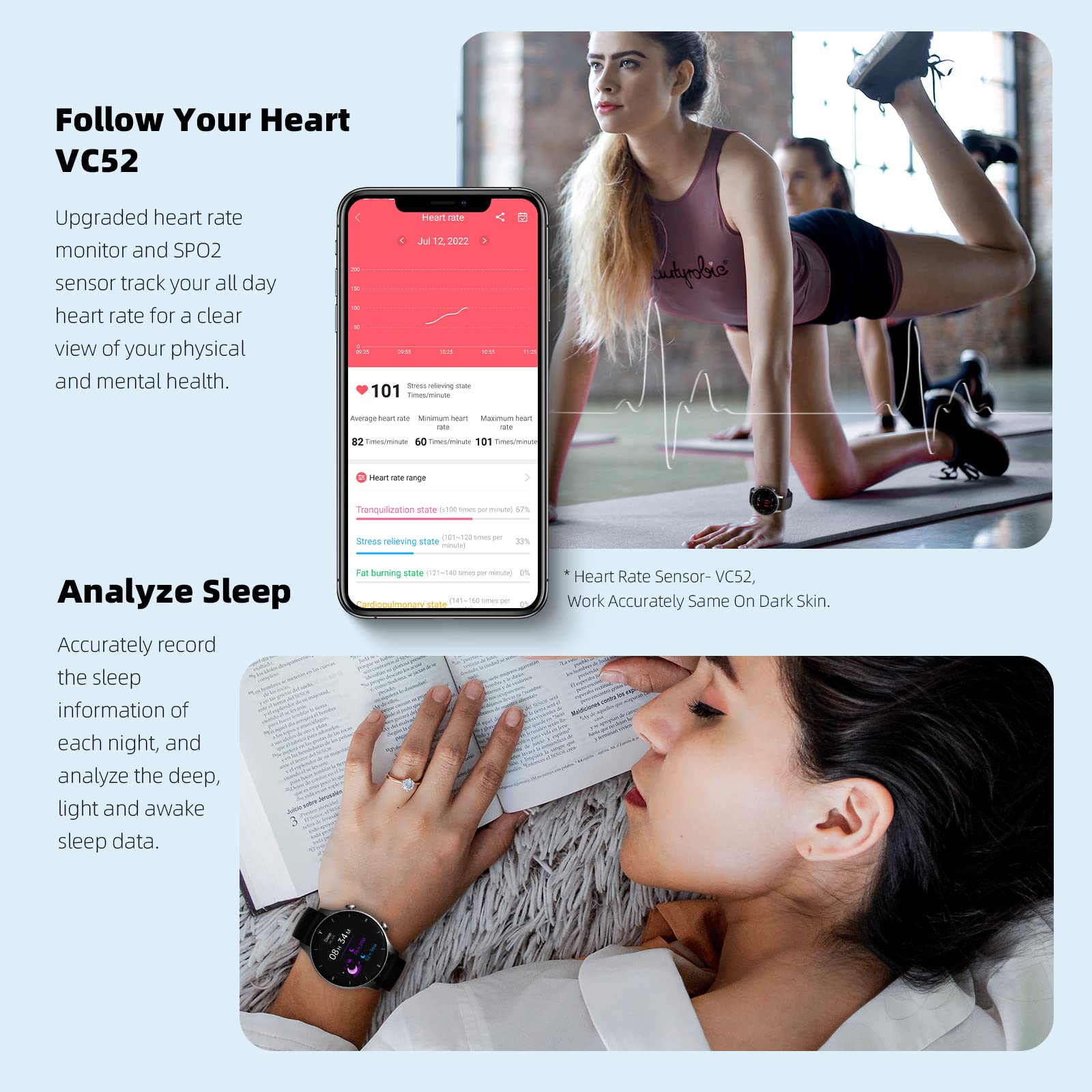 G-TiDE Smart Watch, Answer/Make Call, 300mAh Big Battery Smartwatch, VC52 Heart Rate Blood Oxygen Temperature Fitness Tracker, Bluetooth5.2 Smart Watch for Android/iOS, IP68 Waterproof, Black