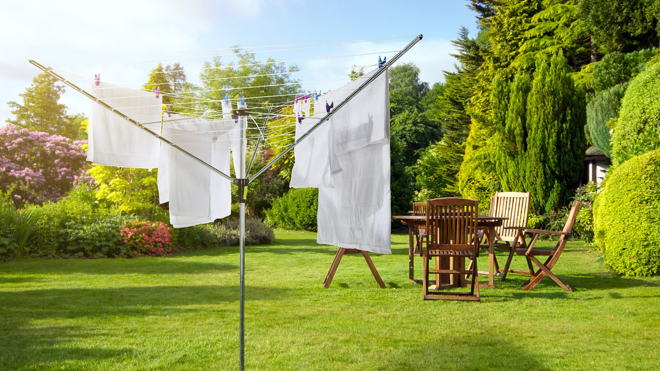 Minky Easy Breeze 115 Ft. Round 3 Arm Rotary Clothesline, Umbrella Drying Rack for Laundry, Easy Operation, Silver
