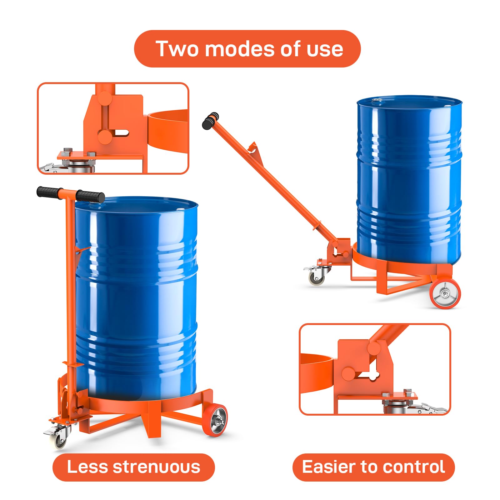 Heavy Duty Drum Dolly,55 Gallon Barrel Dolly with 3 Poly-on-Steel Wheels with Brake, 1000 LBS Capacity Trash Can Dolly with Handle, Orange Steel Frame Dolly