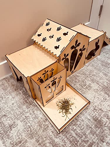 Indoor Bunny Rabbit Castle, Hideout and Wooden House Playset with Ramps, Hay Feeder & Waste Tray