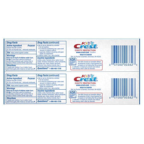Crest Kid's Cavity Protection Toothpaste for Kids (children and toddlers 2+), Sparkle Fun Flavor, 4.6 Ounce (Pack of 2)