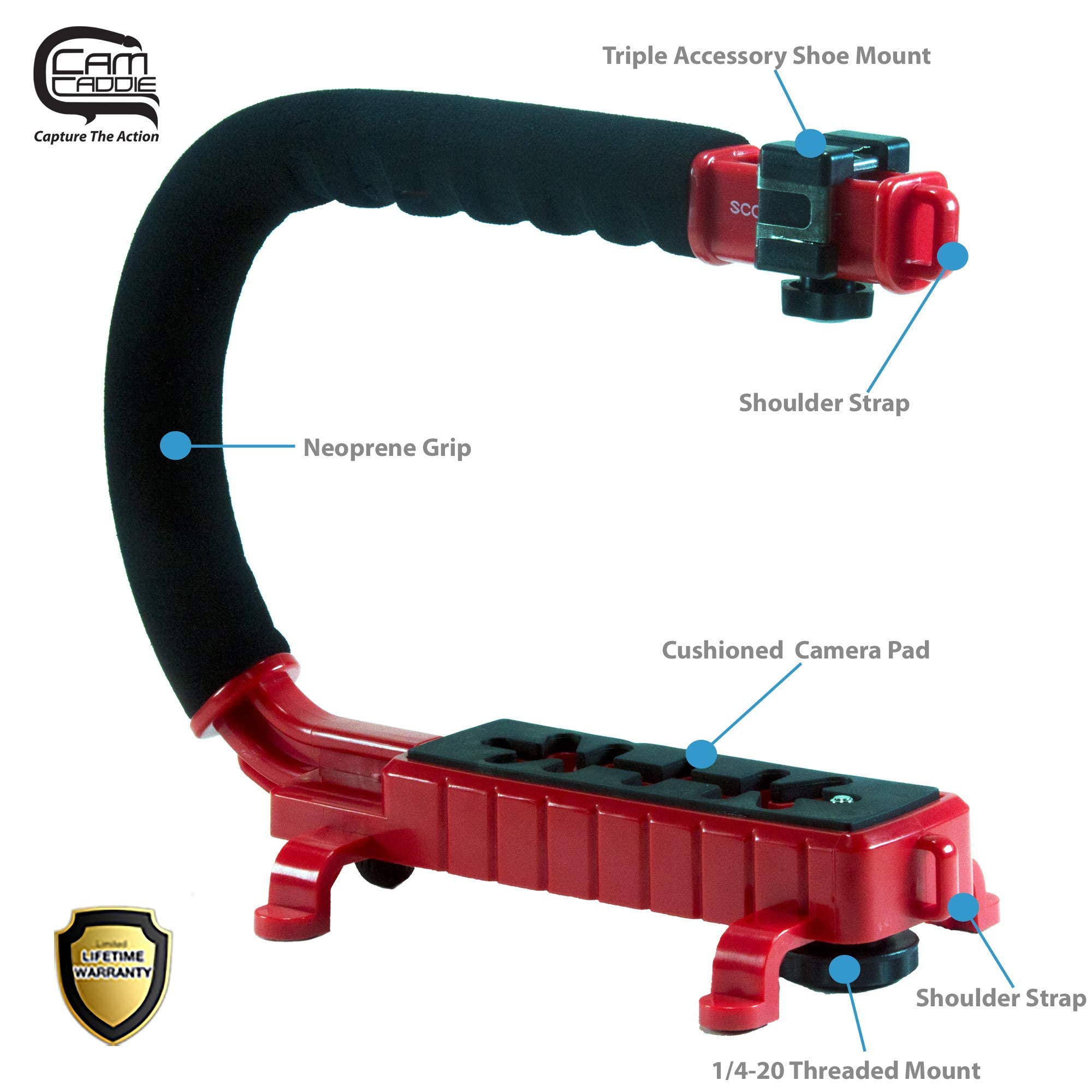 CAM CADDIE U-Grip Pro Handheld Video Rig Steadicam with Triple Cold Shoe, Stabilizing Handle Grip Compatible for iPhone 12 11 Pro Max Xs 8 7 plus GoPro Canon Nikon Sony DSLR Cameras Red Action Edition