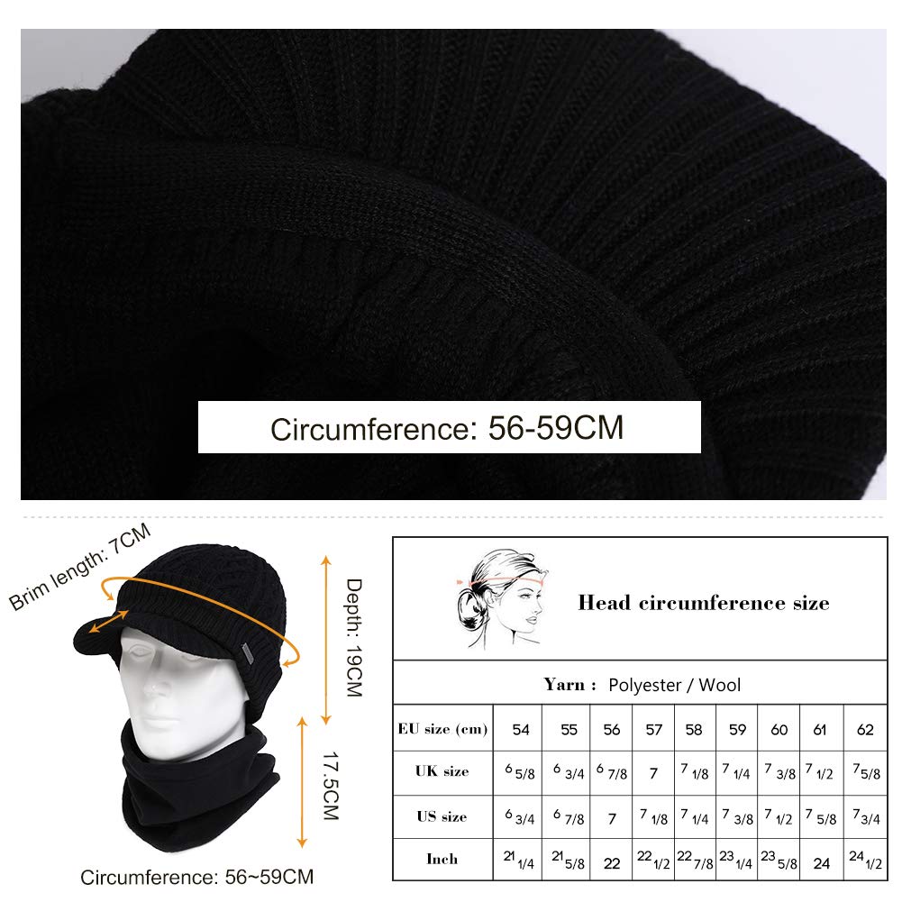 Comhats Winter 2 Piece Wool Knit Hat & Scarf Set for Men Visor Beanie Cap Fleece Lined Cold Weather Warm Unisex Black Medium