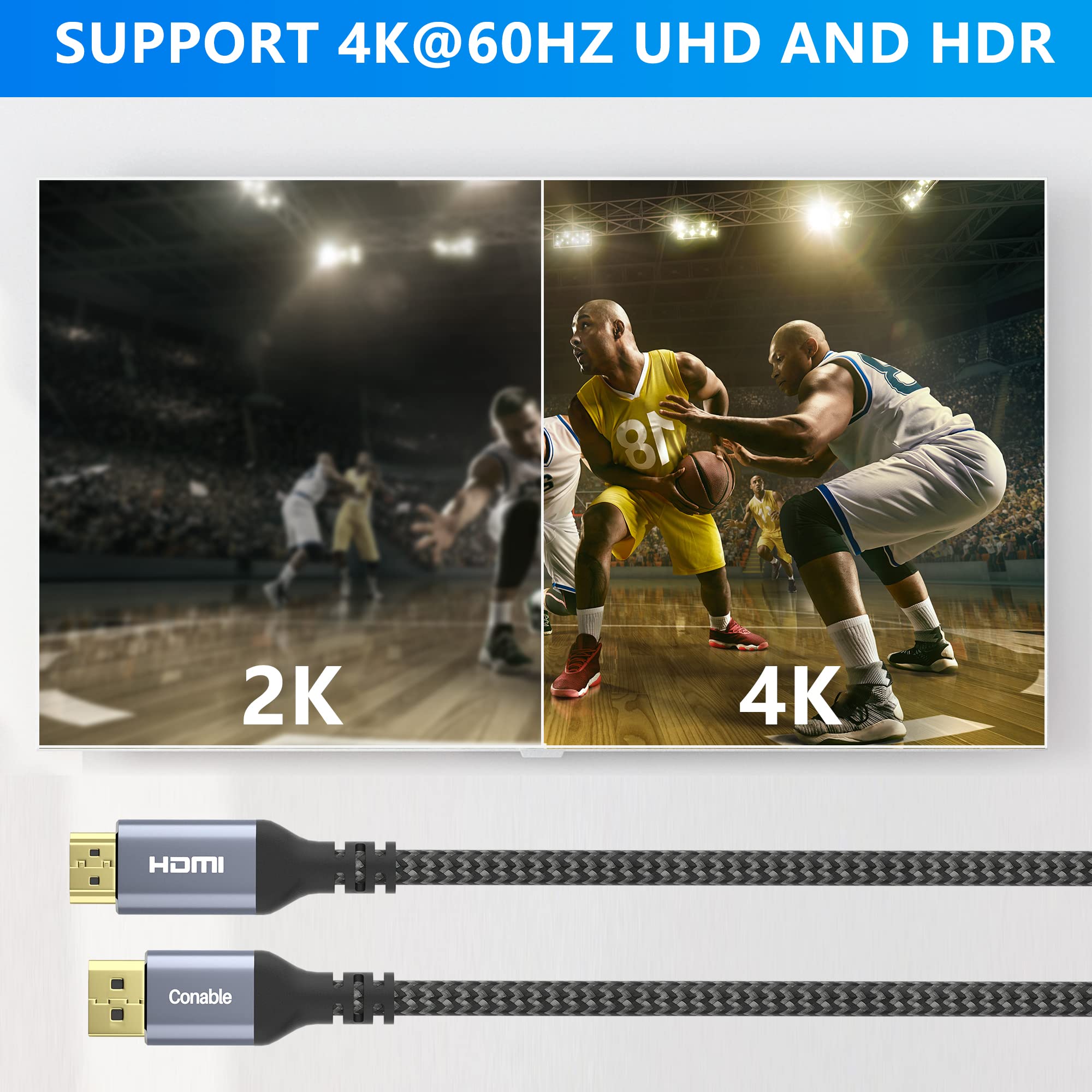 Conable 4K DisplayPort to HDMI Cable 20FT 4K@60HZ HDR Ultra HD Uni-Directional Active DP to HDMI Cord Support 4K@60Hz, 2K@120Hz, Grey