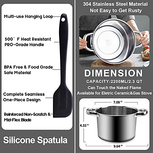 Marsheepy Double Boiler Pot Set,1250ML/1.1QT Mixing Bowl for Chocolate Melting, 2200ML/ 2QT 304 Stainless Steel Pot With Silicone Spatula for Melting Chocolate, Candy, Candle, Soap, Wax