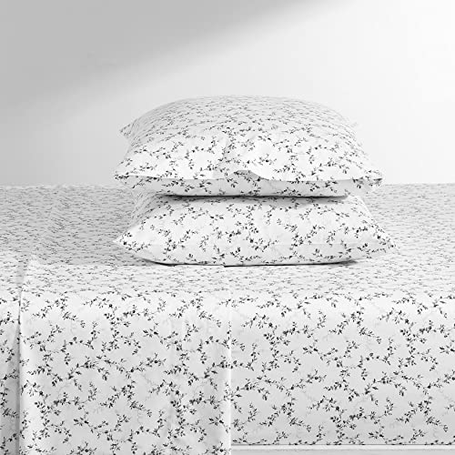 Laura Ashley Home - Queen Sheets, Soft Sateen Cotton Bedding Set - Sleek, Smooth, & Breathable Home Decor (Saras Sprig Black, 4 pieces, Queen)