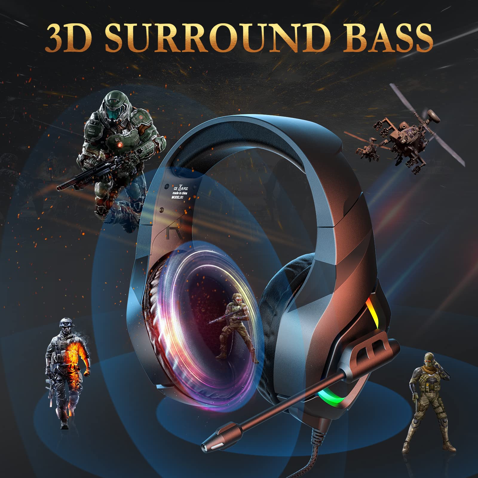 Gaming Headset for PS4 PS5 Xbox one PC, PS4 Headset with Noise Cancelling Mic, RGB Light, Soft Memory Earmuffs for Mac Laptop