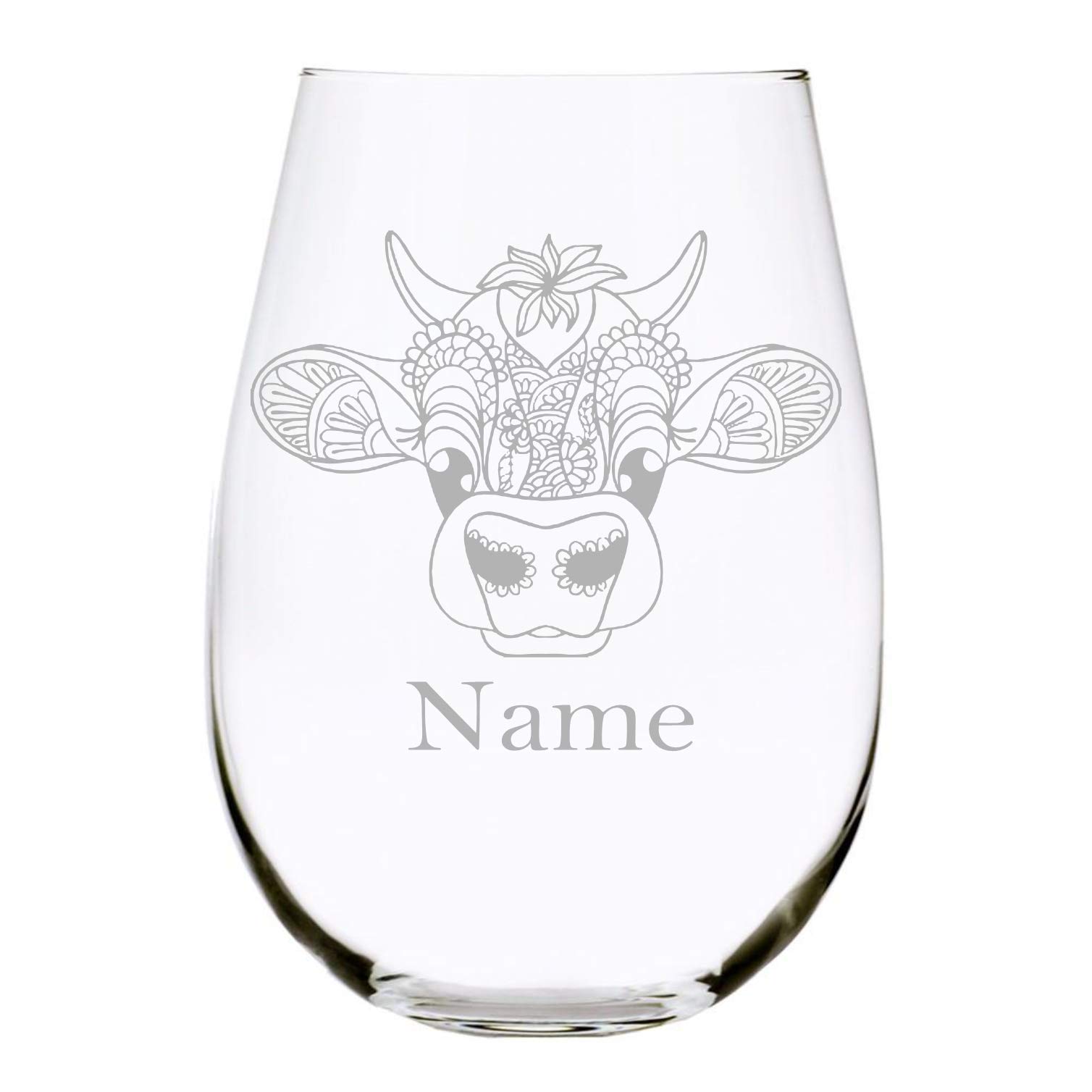 Cow with name 17 oz. stemless wine glass
