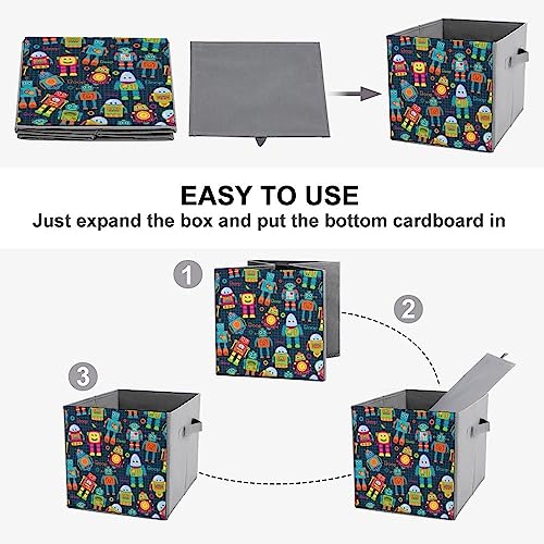 Cute Cartoon Robots Storage Cubes with Handles Foldable Fabric Bins Organizing Baskets for Shelves Closet