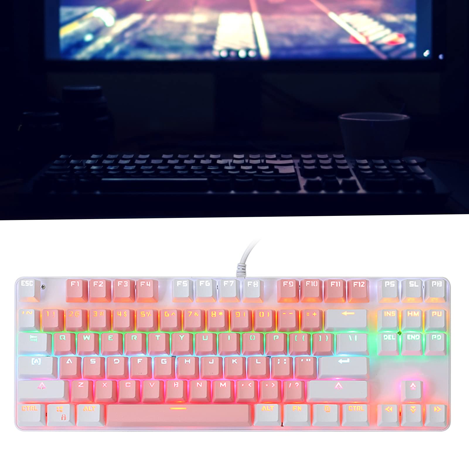 Gaming Keyboard, 87 Keys USB Wired Blue Switch Mechanical Keyboard, White and Pink Keycaps Sakura Keyboard, for Laptop Computer etc(Pink with White)