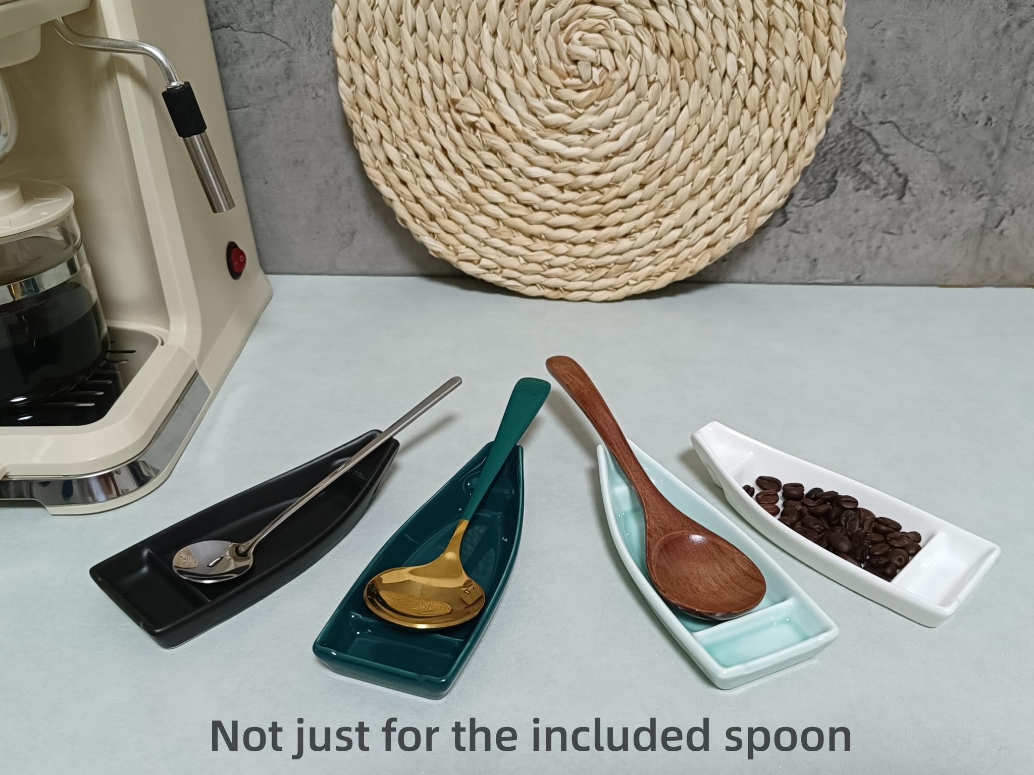 Coffee Spoon and Rest for Coffee Bar, Boat Small Spoon Rest for Coffee Station, Coffee Spoon Holder for Coffee Bar, Tea Spoon Rest Teaspoon Rest with Spoon (Matte Black + Round Spoon)