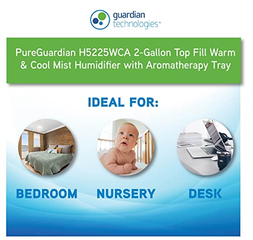 PureGuardian H5225WCA Ultrasonic Warm & Cool Mist Humidifier, 100 Hrs. Run Time, 2 Gal. Tank, 560 Sq. Ft. Coverage, Quiet, Filter Free, Silver Clean Treated Tank, Essential Oil Tray, White/Blue