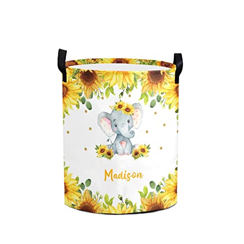 Cute Elephant Sunflower Personalized Laundry Hamper,Custom Name Collapsible Waterproof Laundry Basket Storage Bins with Handle for Clothes,Toy,Nursery