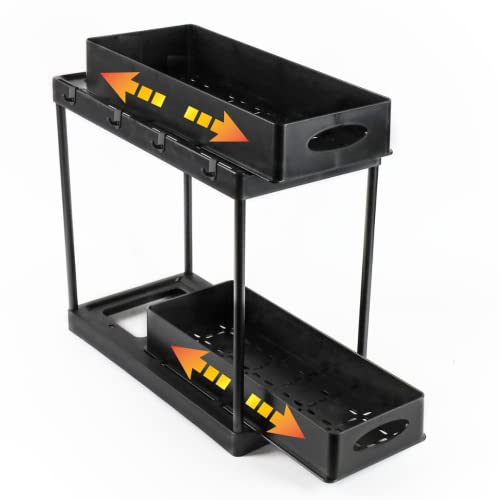 Under Sink Organizers and Storage Sliding - Multipurpose Double Sliding Cabinet Organizer for Bathroom or Kitchen Sink Organizer with 4 Hooks (Black)