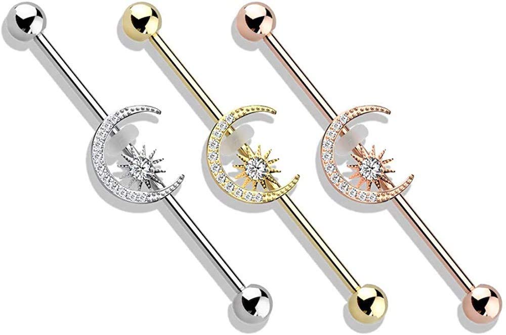CZ Paved Moon with CZ Center Star 316L Surgical Steel Industrial Barbell (Clear)
