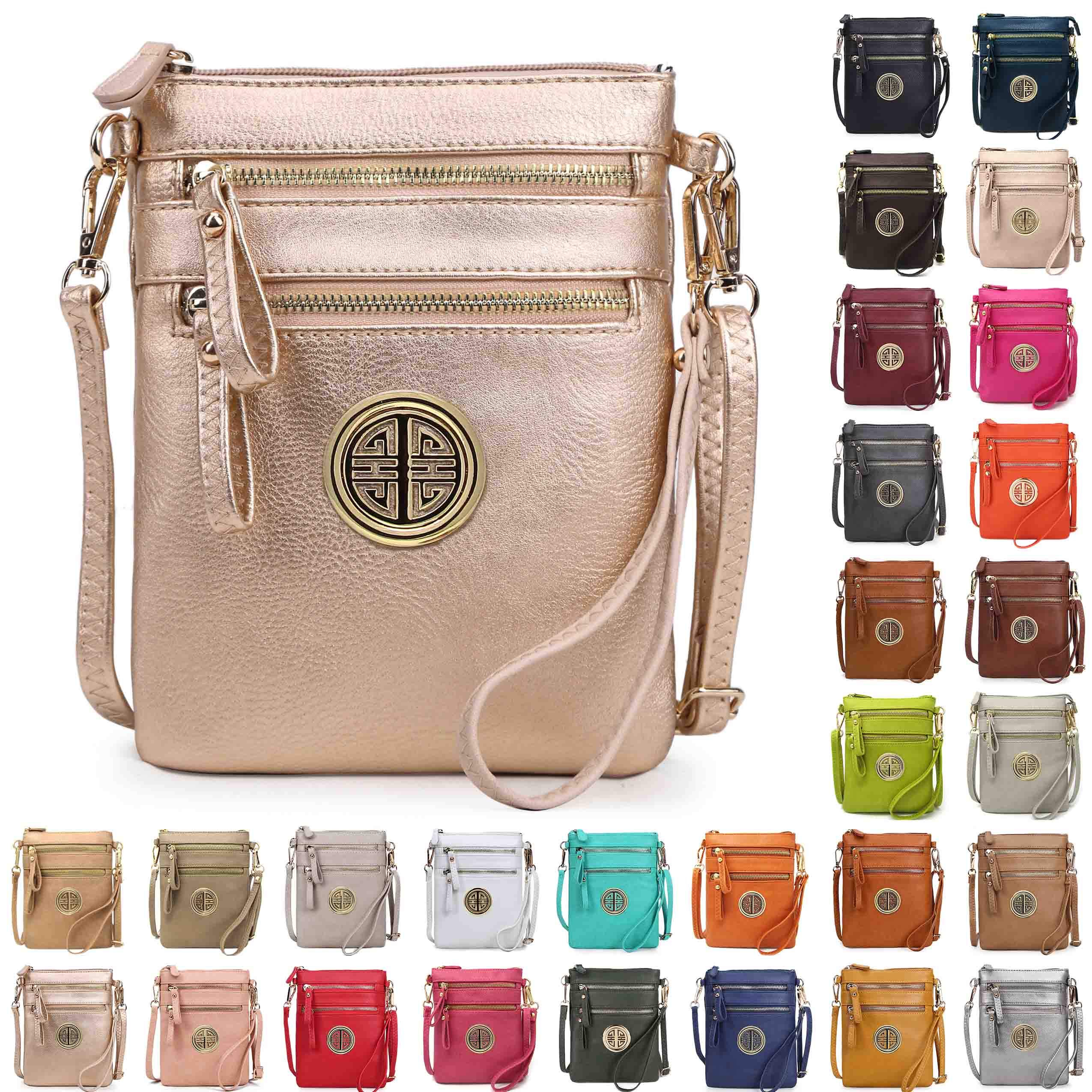 Solene Women's Faux Leather Organizer Multi Zipper Pockets With Detachable Wristlet Crossbody Bag -WU002L (Rose Gold-1)
