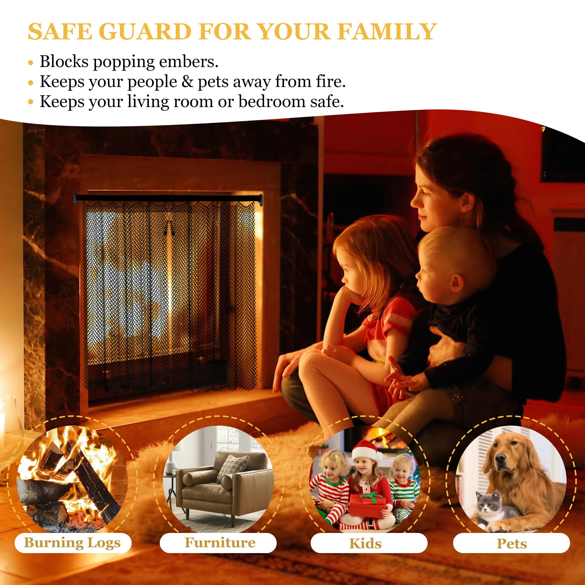 Fireplace Mesh Screen Curtain with Adjustable Rods, 2 Pack Decorative Spark Guard Chain, Easy-to-Install Hanging Replacement Screens for Wood Burning Fireplaces (22" H x 27.5" W)