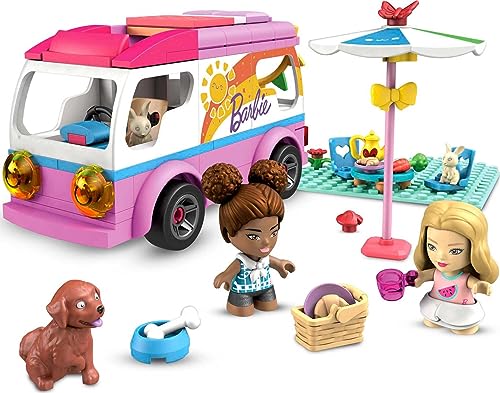 MEGA Barbie Camper Building Toy Vehicle Playset, Adventure DreamCamper with 123 Pieces, 2 Micro-Dolls, Accessories, Pets and Furniture