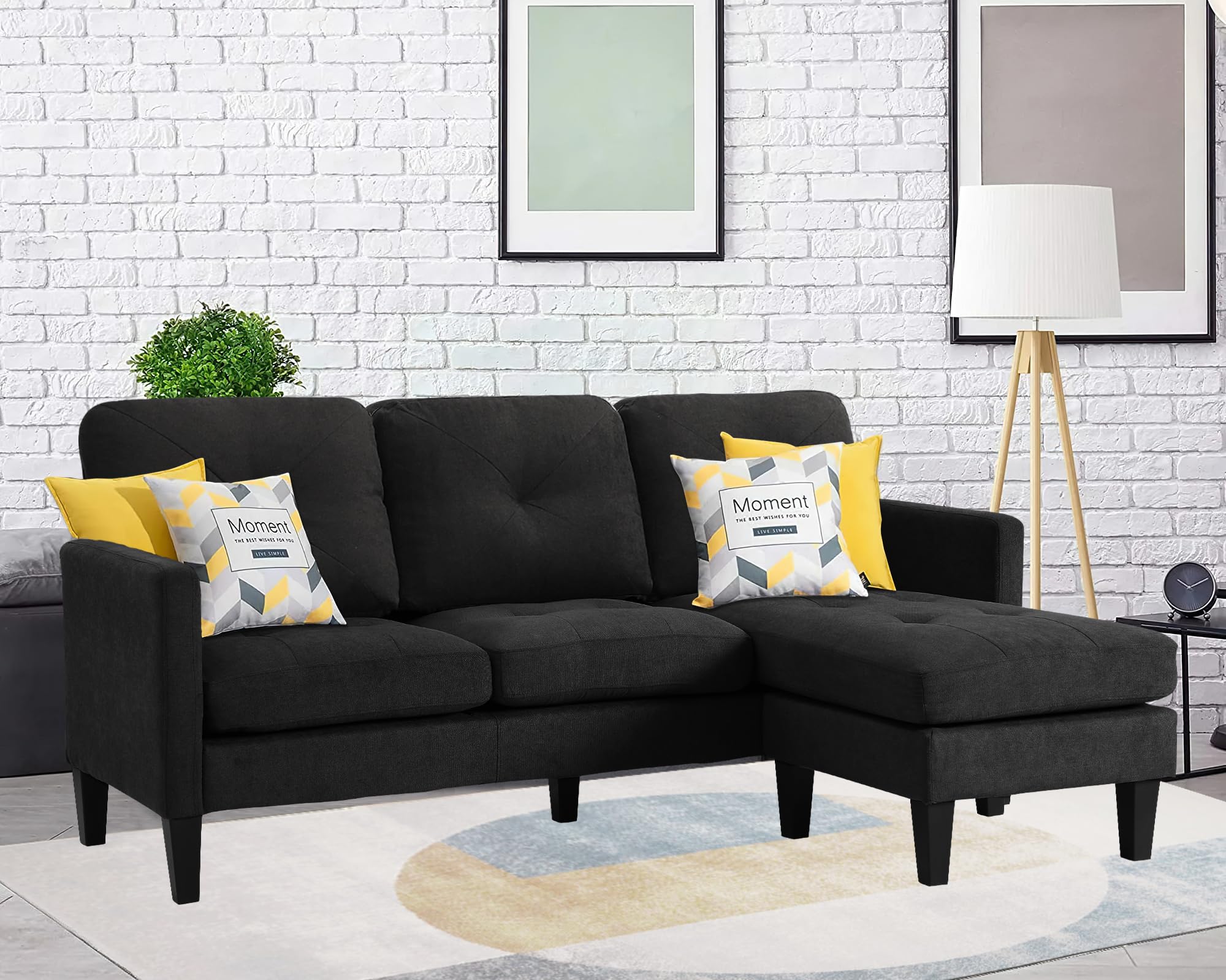 LETATA Convertible Sectional Sofa Couch with Chaise, Black L Shaped Couch Sofa Set with Reversible Ottoman for Living Room,Apartment,Small Spaces (Black)