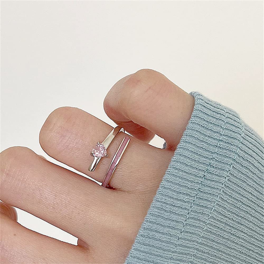 CZ Pink Heart Engagement Ring for Women 925 Sterling Silver Cubic Zirconia Statement Stacking Adjustable Expandable Enamel Open Band Rings Comfort Fit Dainty Wedding Birthday Valentine Jewelry