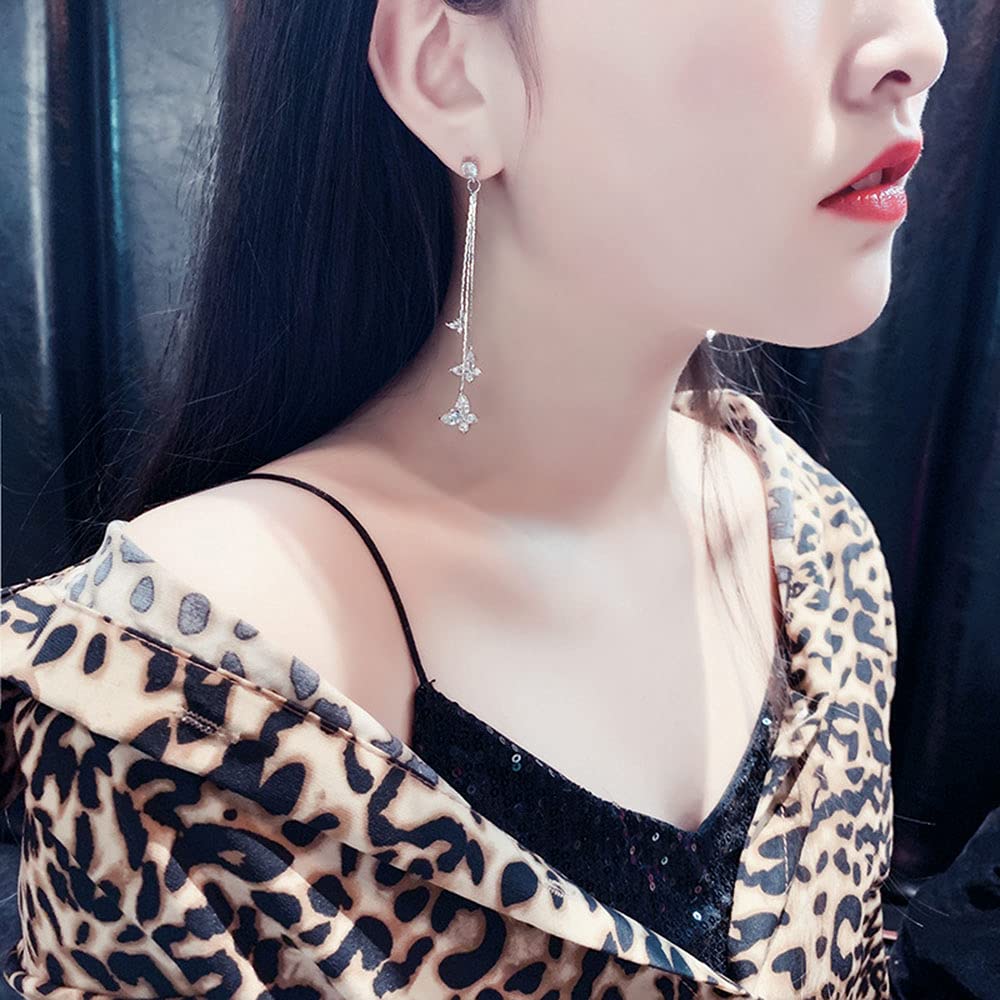 Crystal Butterfly Pendant Tassel Earrings Long Zircon Butterfly Drop Dangle Earrings Jewelry for Women Butterfly Earring (Silvr)