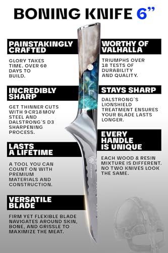 Dalstrong Boning Knife - 6 inch - Valhalla Series - 9CR18MOV HC Steel - Celestial Resin & Wood Handle - Fillet Knife, Meat Cutting, Carving, Bone, Trimming, Deboning - Kitchen Knife - Leather Sheath