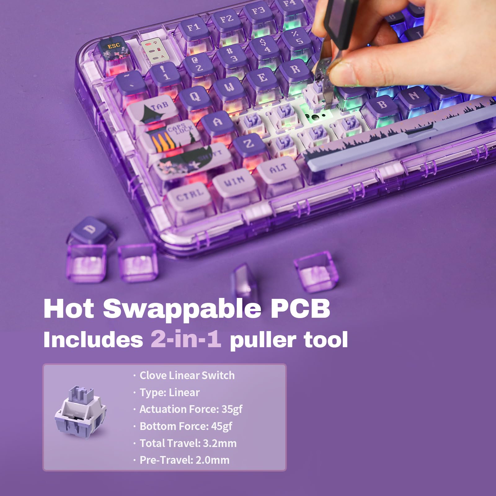 EPOMAKER CK75 75% Transparent Gasket Hot Swap RGB Bluetooth/2.4Ghz Wireless/Type-C Wired Gaming Keyboard with KSA Profile PBT Keycaps, Compatible with Win/Mac/Android(Purple,Clove Switch)…