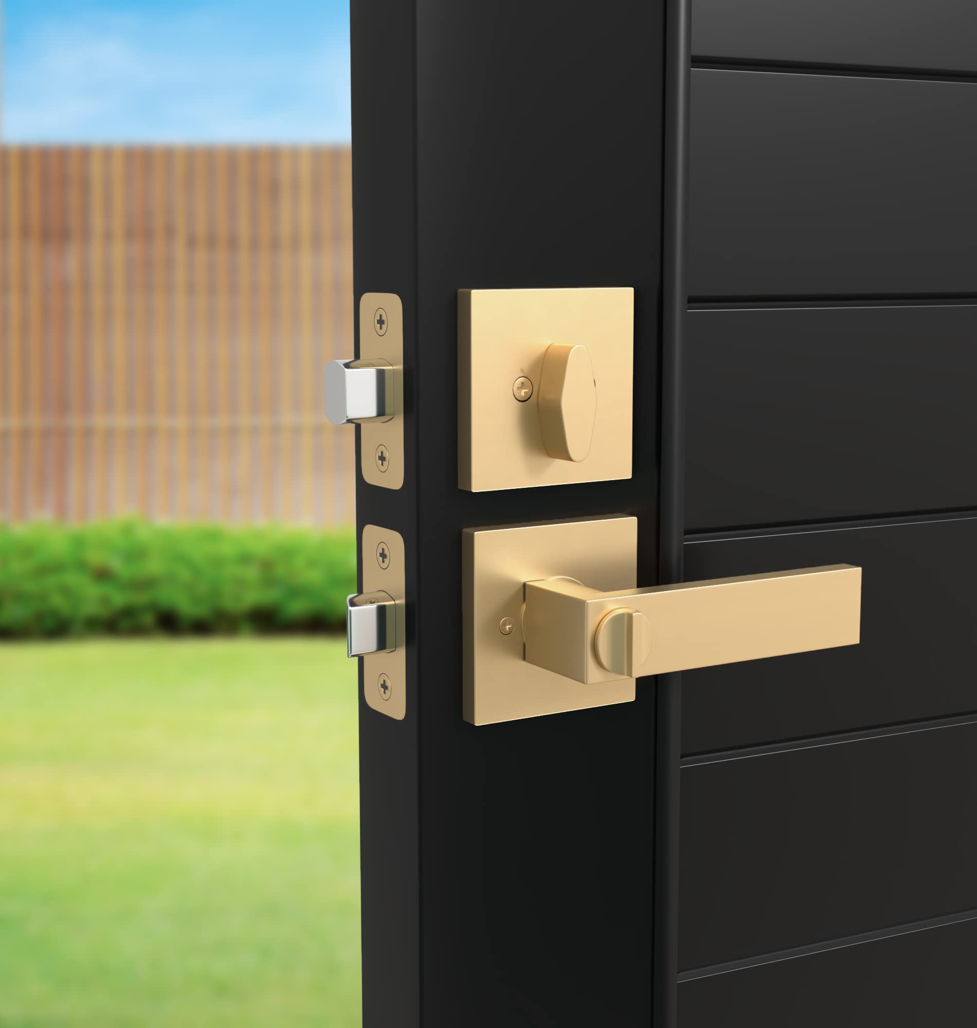 Mega Handles Entry Combo I Entry Lever Door Handle and Single Cylinder Deadbolt Lock and Key Combo Pack - Heavy Duty Square Locking Lever Set for Left or Right-Handed Doors - Satin Brass