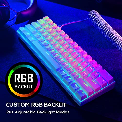 RK ROYAL KLUDGE RK61 60% Mechanical Keyboard with Coiled Cable, 2.4Ghz/Bluetooth/Wired, Wireless Bluetooth Mini Keyboard 61 Keys, RGB Hot Swappable Blue Switch Gaming Keyboard with Software - White