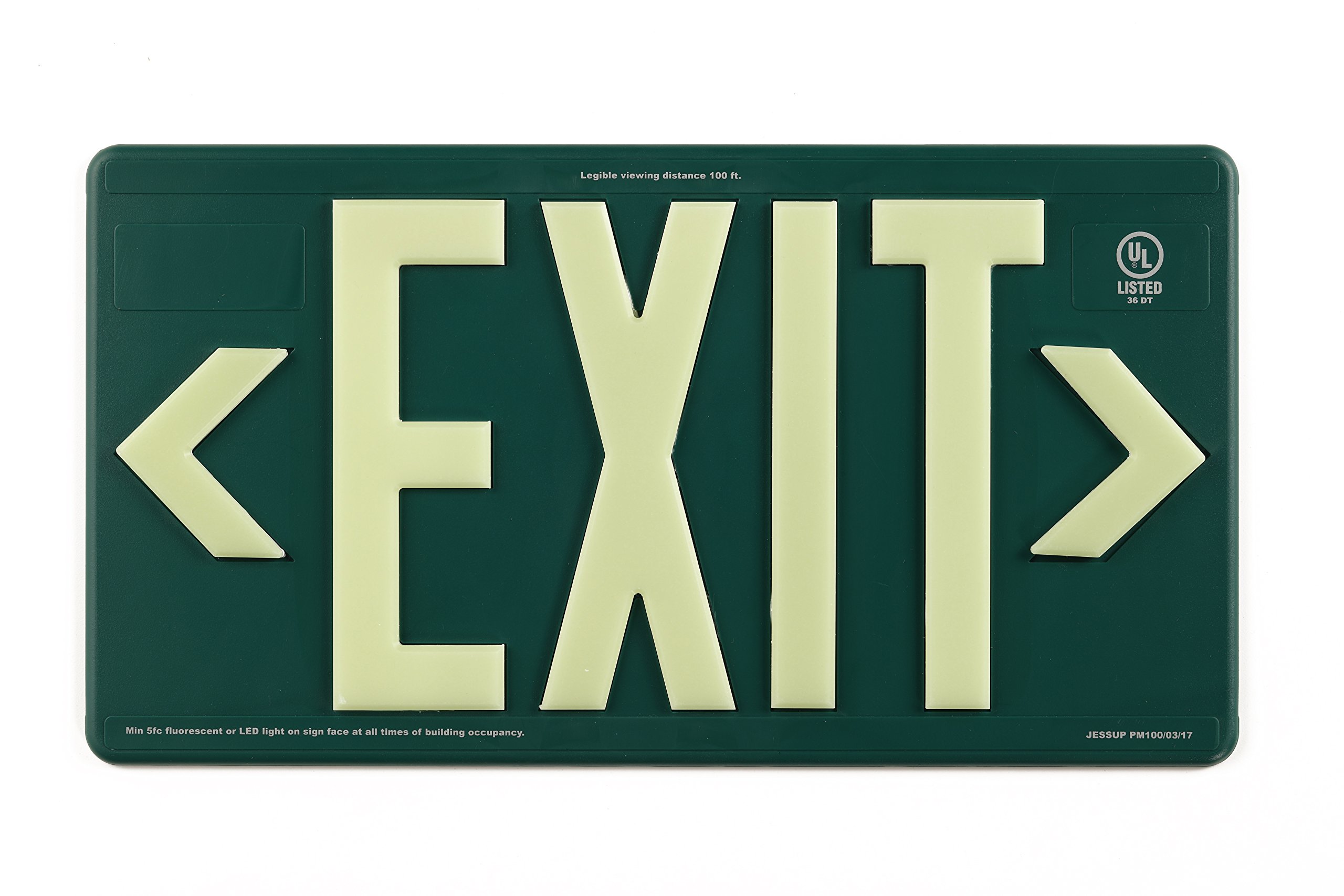 UL924 Listed & Listed for LED lighting 100 foot Jessup Glo Brite Indoor/Outdoor Glow-in-the-dark (Photoluminescent) Single Sided Exit sign with frame, Green, PM100 7080-B (Mounts 4 ways, includes bracket and arrows)