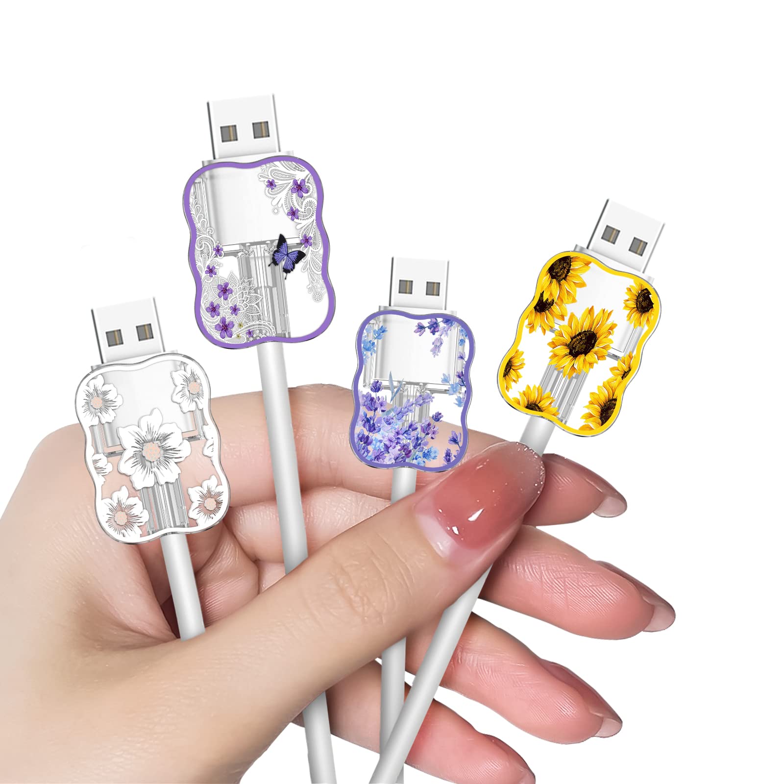 Flower Charger Cable Protector for Samsung Android USB Charger Cute Wave Edge,Butterfly Sunflower Camellia Pattern 4 PCS USB Cable Protectors,Phone Cord Protector for Women Girls,USB Charger Saver