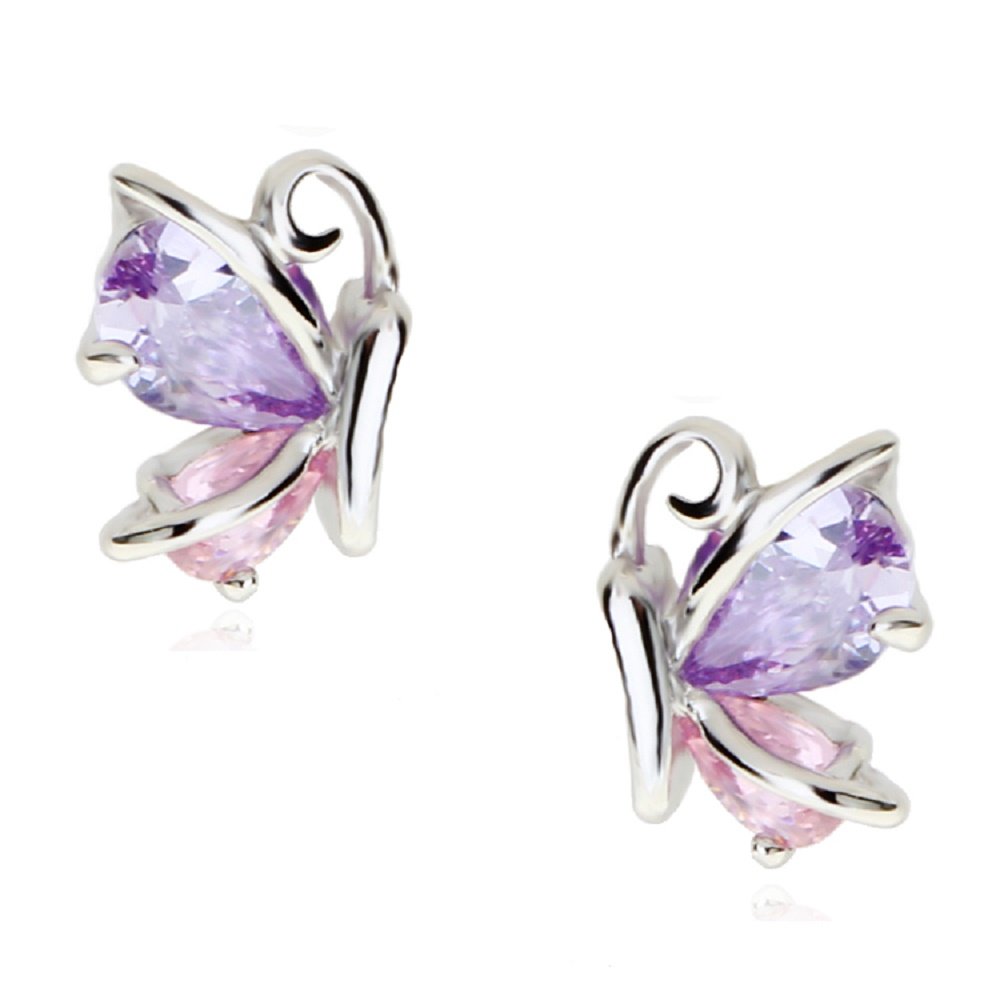 Crystalline Azuria Butterflies Stud Earrings with Pink Purple Violet Zirconia Crystals 18K White Gold Plated for Women