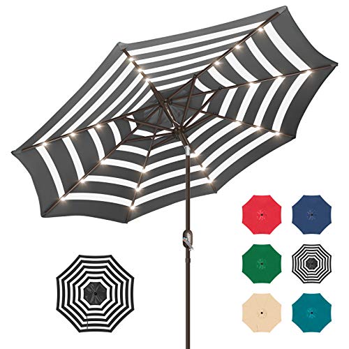 Funsite 9ft Patio Umbrella with Solar Lights, Outdoor Umbrella with 24 LED Solar Umbrella Lights, Solar Patio Umbrella with Push Botton Tilt & Crank Ideal for Garden, Backyard & Pool, Black Stripe