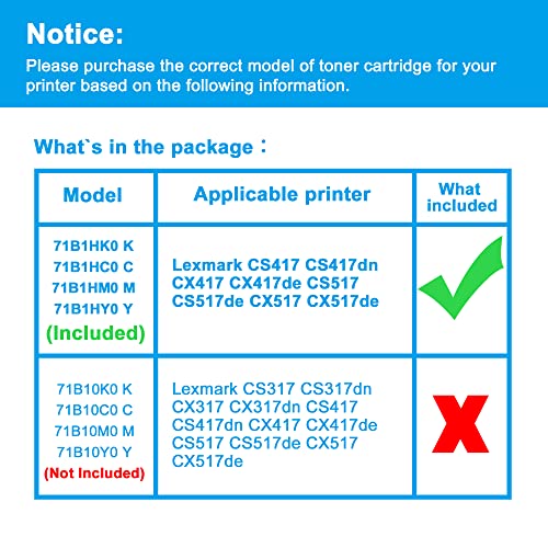 LCL Remanufactured Toner Cartridge Replacement for Lexmark 71B0H10 71B0H20 71B0H30 71B0H40 71B1HK0 71B1HC0 71B1HM0 71B1HY0 CS417 CS417dn CX417 CX417de CS517 CS517de CX517 CX517de (4-Pack KCMY)