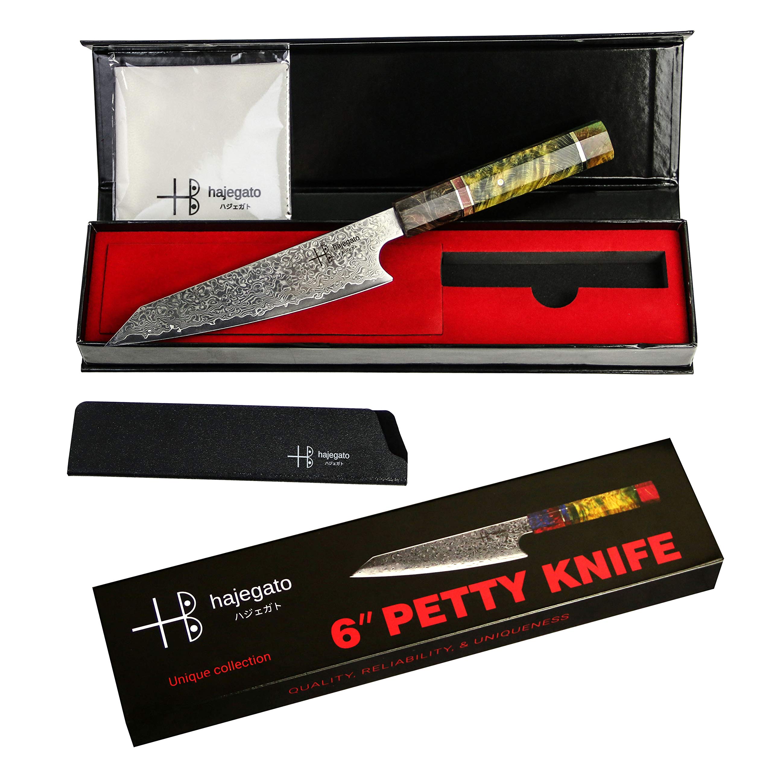 Damascus Chef Knife Petty Hajegato Unique One Of Kind Handle Professional 6 Inch Japanese Chefs Kitchen Knife Vg10 67 Layers Damascus Steel Knive with Sheath