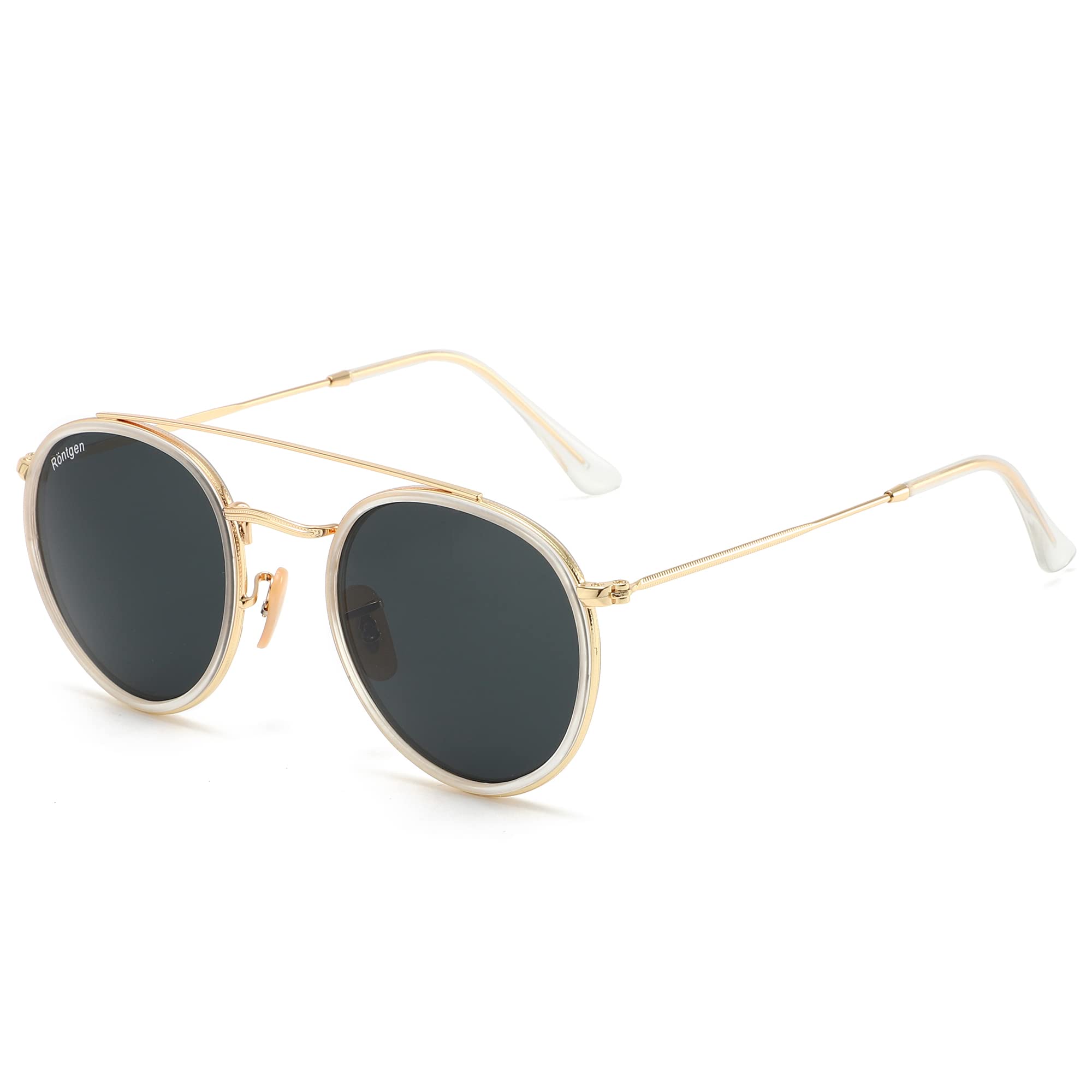 CONRAD RONTGEN Retro Round Sunglasses for Women Men Double Bridge UV400 Protection Black Frame Black Lens