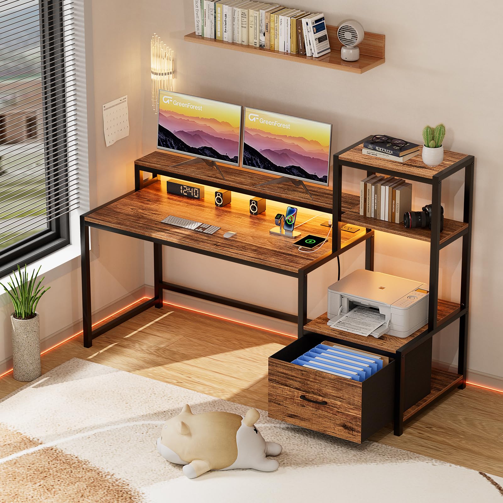 GreenForest Office Desk with Power Outlets and Printer Shelf, 68.8 inch Computer Desk with LED and Drawer, Reversible Gaming Desk with Storage for Home Study Working,Walnut