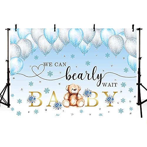 MEHOFOND 7x5ft Winter Snowflake Bear Boy Baby Shower Backdrop We Can Bearly Wait Bear Blue and Silver Balloons Photography Background Party Decor Cake Table Decor Banner Photo Booth