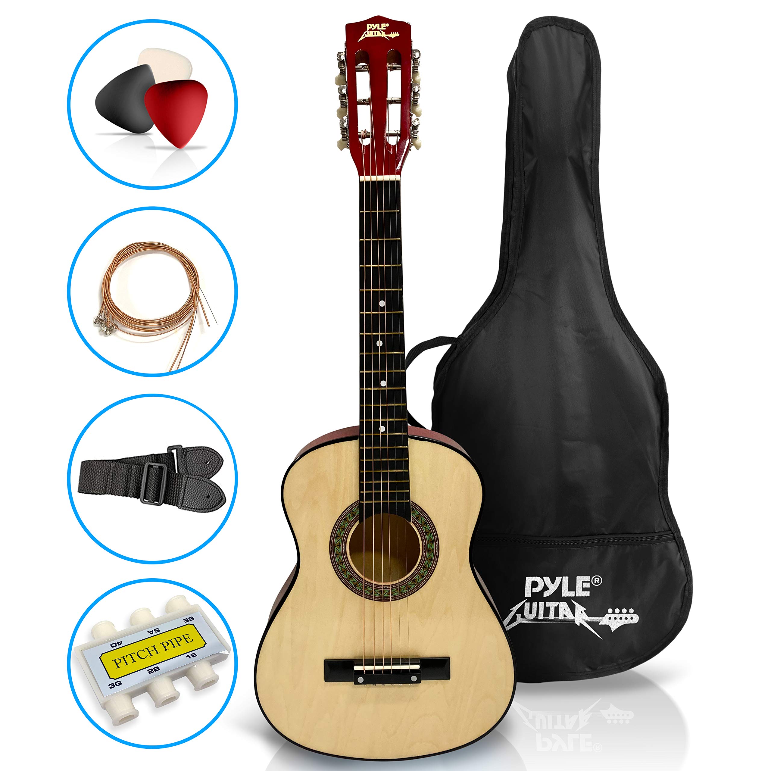 Pyle 30" Beginner Classical Acoustic Guitar - Linden Wood with Case, Strap, Tuner, Picks - Great for Beginners