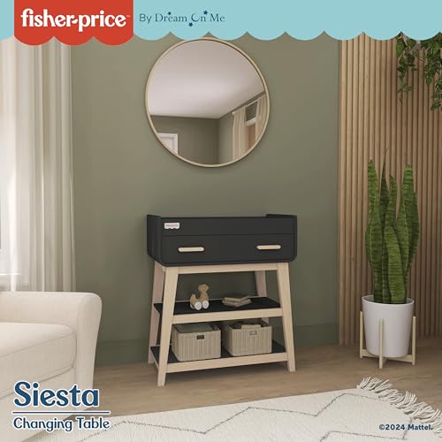Fisher Price Iris/Siesta Changing Table by Dream On Me, Matte Black Vintage Oak, JPMA & Greenguard Gold Certified, with a Bottom Closed Drawer and Two Open Shelves for Storage