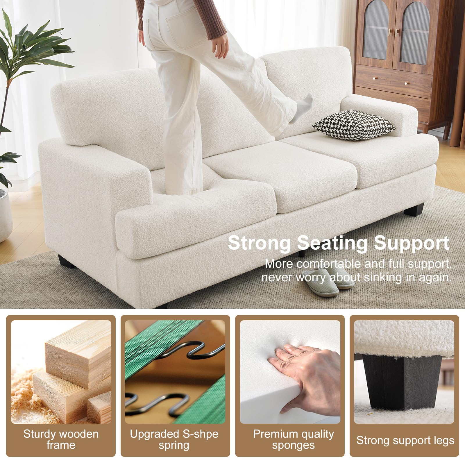 ELUCHANG 80" Deep Seat Sofa Couches for Living Room, 3 Seater Sofa Teddy Cloud Sofa Modern Sofa Couch with Removable Cushion&Detachable Cover, Comfy Sofa for Small Space, Apartment, White, Set of 1