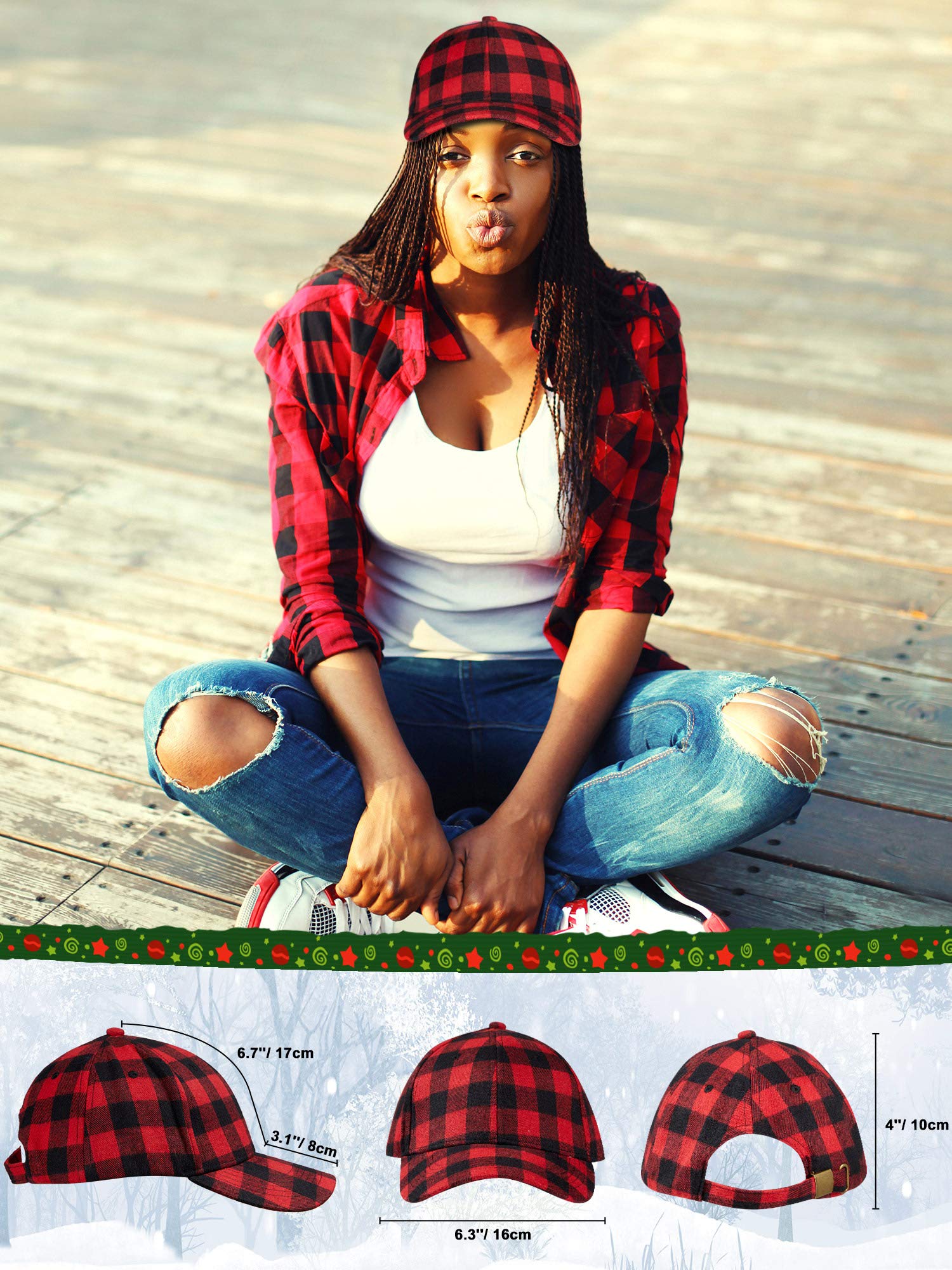 Classic Plaid Print Baseball Caps Red-Black Checkered Hat Buffalo Plaid Christmas Hat for Women Men (2)