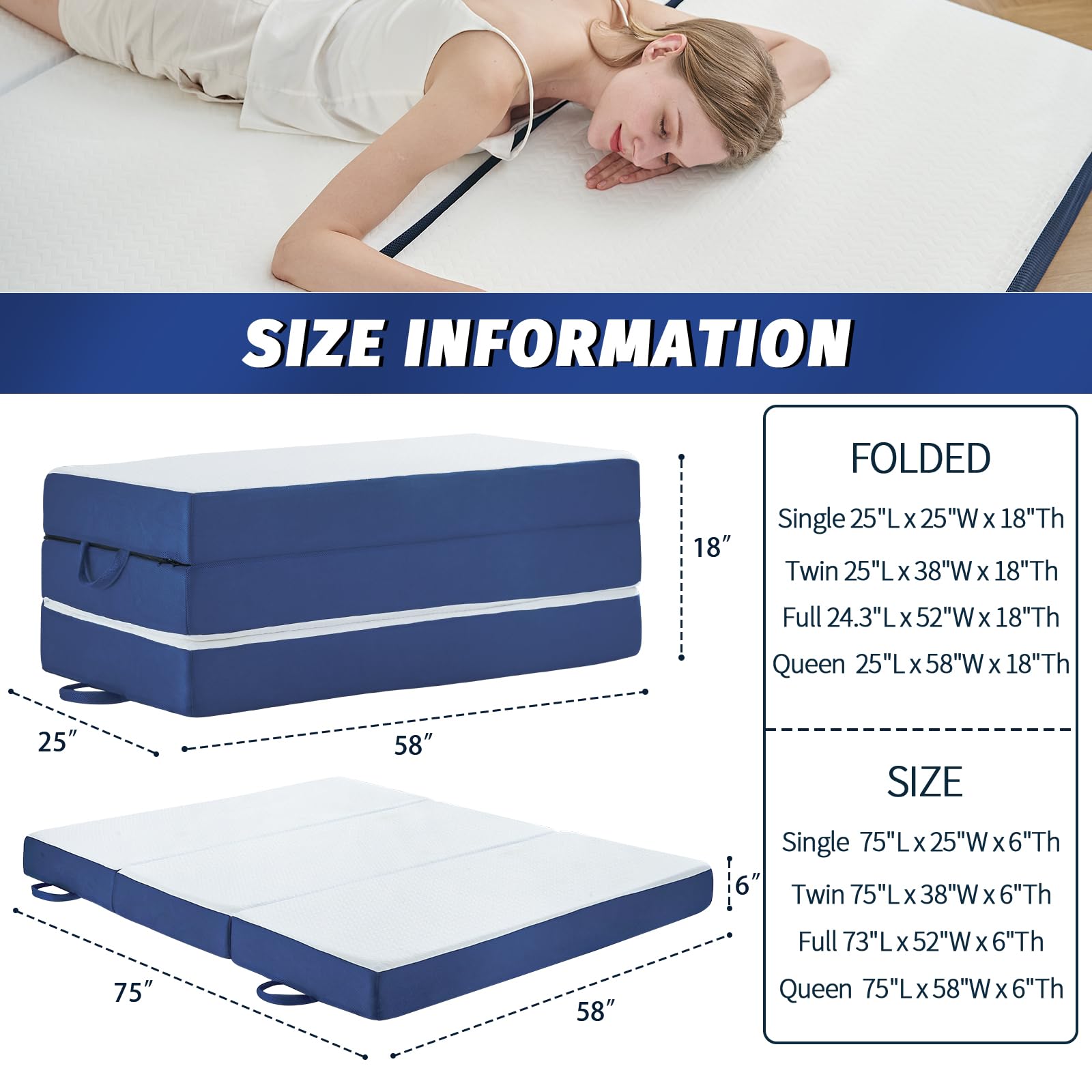 Folding Mattress Queen Size, Memory Foam 6 inch Tri Portable Trifold Mattress Topper Queen with Breathable & Washable Cover, Foldable Guest Bed for Camping, 58"x78"x6"