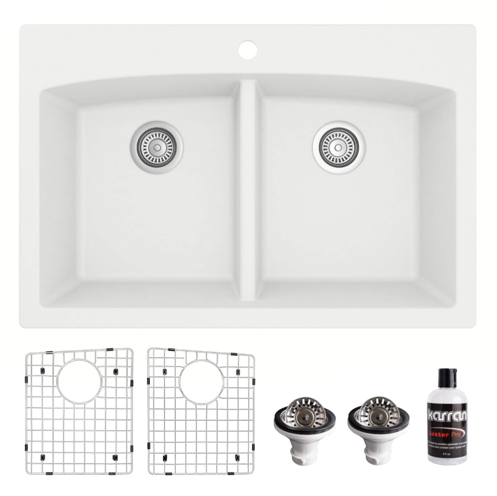 Karran QT-710 Drop-in Quartz Composite 33 in. 1-Hole 50/50 Double Bowl Kitchen Sink Kit in White