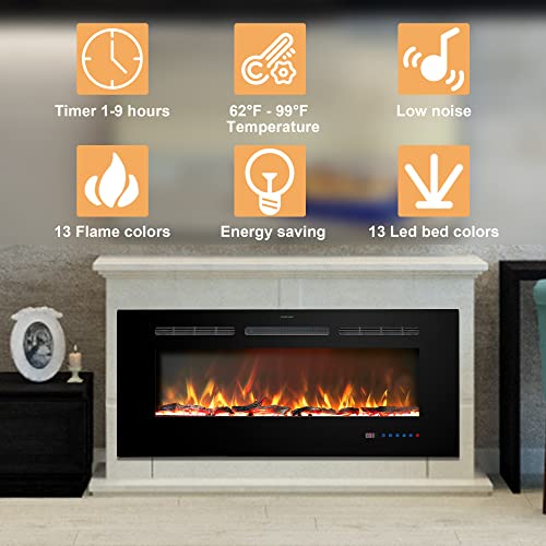 Kentsky 60 inches Electric Fireplace Inserts, Recessed and Wall Mounted Fireplace Heater, Linear Fireplace w/Thermostat, Remote & Touch Screen, Multicolor Flame, Timer, Logs & Crystal, 750W/1500W
