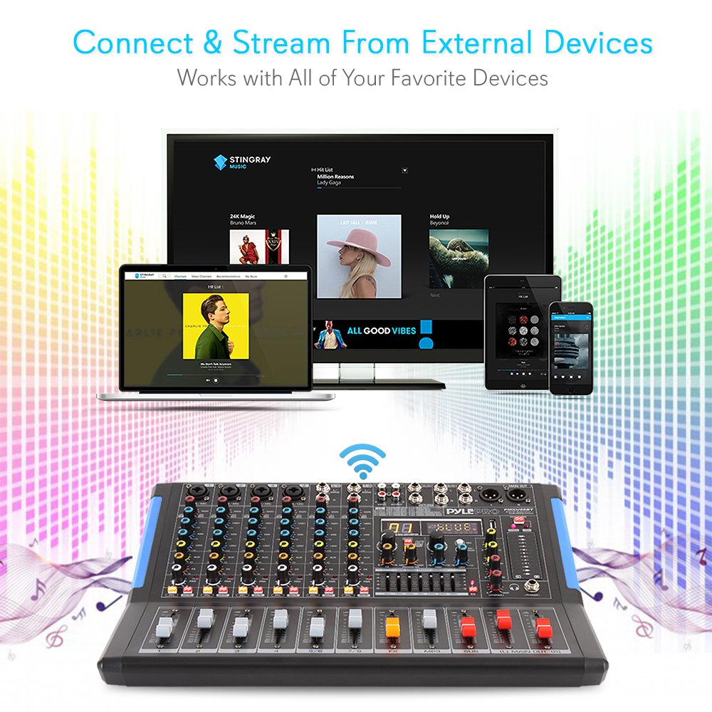 PYLE 8-Channel Bluetooth Studio Audio Mixer - DJ Sound Controller Interface w/ USB Drive for PC Recording Input, XLR Microphone Jack, 48V Power, RCA Input/Output for Professional & Beginners