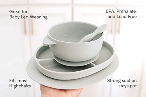 Ullabelle Suction Toddler Plates & Bowls Complete Set w/Spoon- BPA Free 100% Food Grade Silicone- Microwave & Dishwasher Safe Baby Suction Plate, Suction Bowl w/Lid, & Spoon- (Sage)