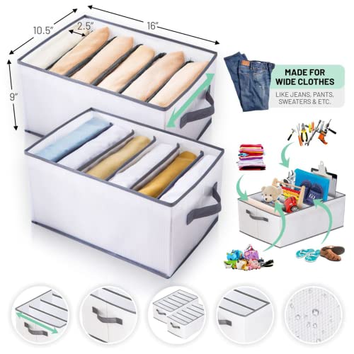 UrbanEco (2pcs Wardrobe clothes organizers for drawers with 2 Handles - 6 Grids Pants organizer for large Jeans, leggings, tshirts, Yoga pants, Sweater-White