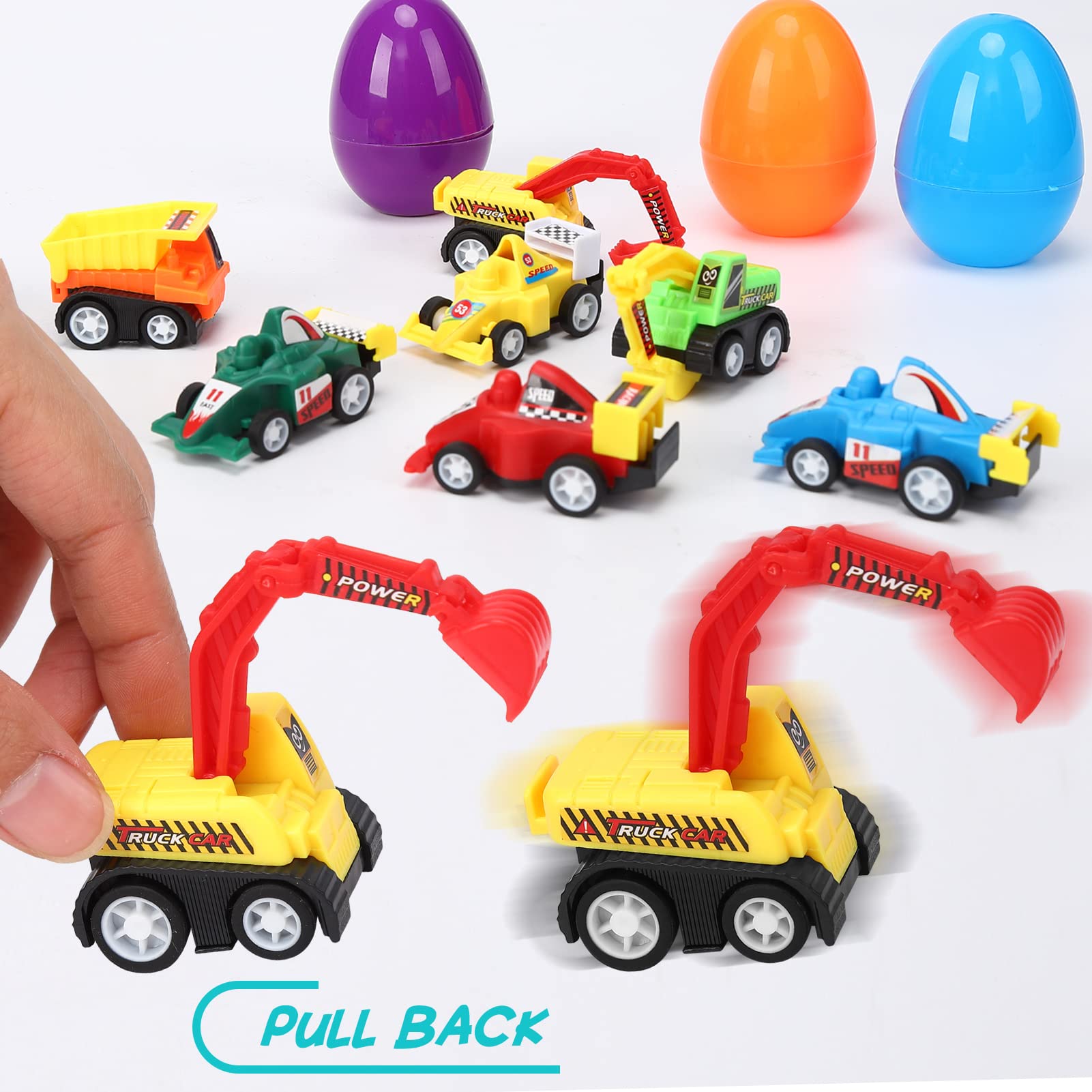 Easter Eggs with Toy Cars, 12 Pcs Prefilled Easter Eggs with Pull Back Construction Vehicle, Kids Easter Basket Stuffers, Easter Egg Fillers, Easter Party Favors, Easter Eggs Hunt Goodie Bags Fillers
