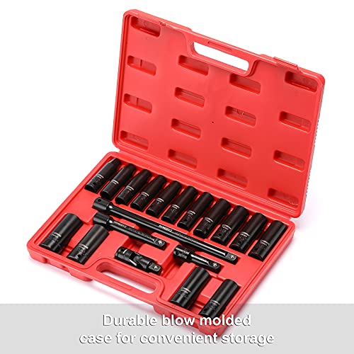 CASOMAN Complete 1/2-Inch Drive Deep Impact Socket Set, Metric, CR-V,10-24mm, 6 Point, 19-Piece Sockets Set with Extension Bar and Universal Joints